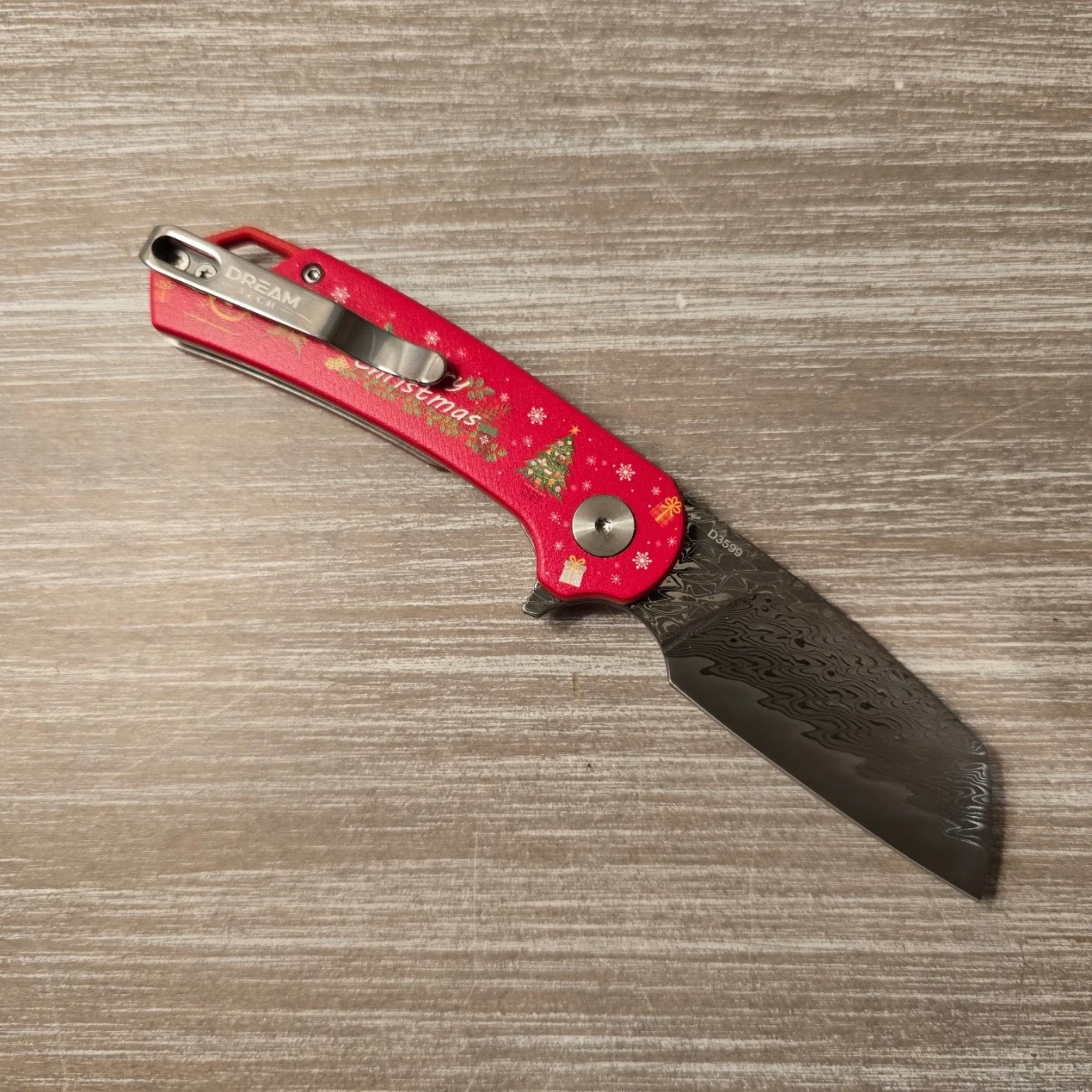 Bladebinge - DREAMTECH Christmas Damascus Cleaver Blade Red G10 Flipper ...