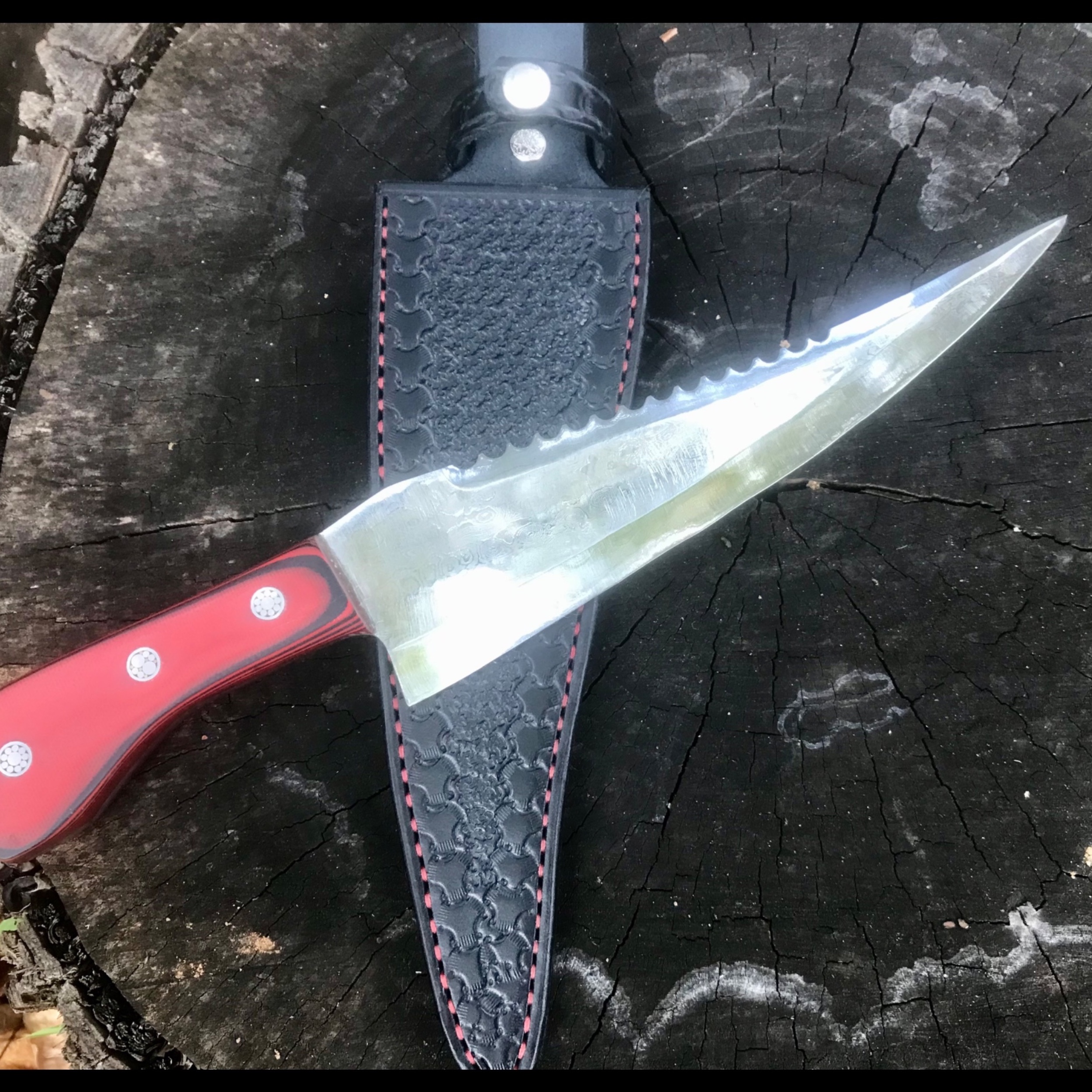 Bladebinge - Raindrop Pattern Damascus Knife 8.25” Serrated Blade w ...