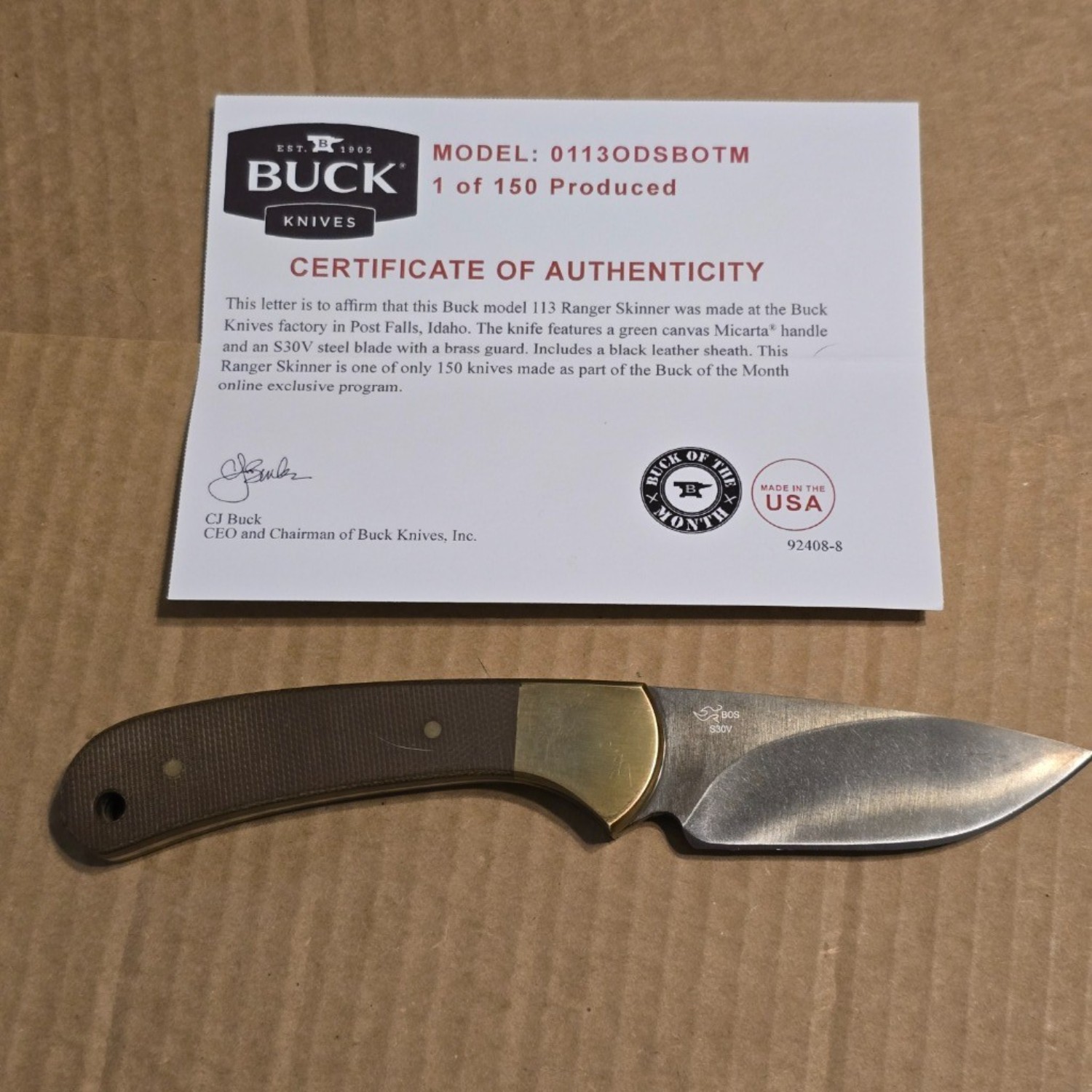 Bladebinge - RARE Buck 113 ranger skinner, S30v, green canvas micarta ...