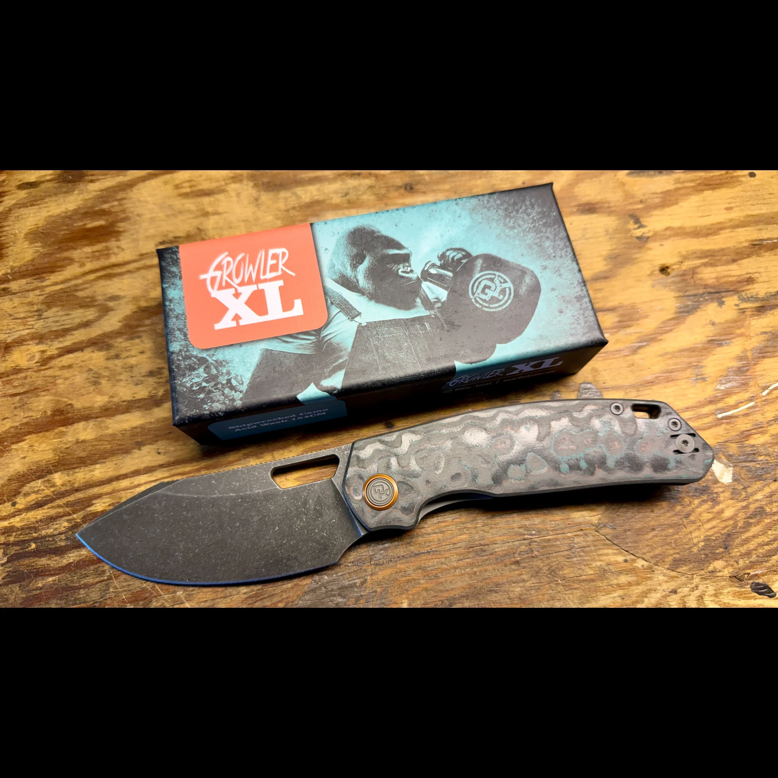 Bladebinge - DIVO KNIVES GROWLER XL Knife Shipwreck Camo Carbon Handle Acidwash 154CM Blade ...