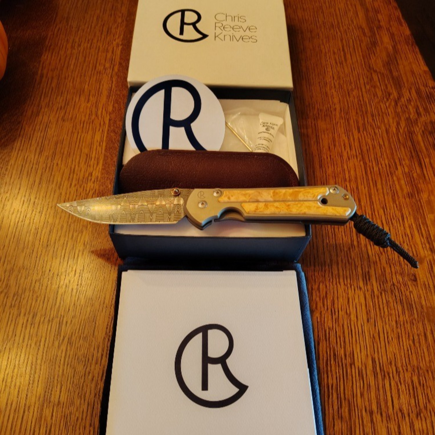 Bladebinge - Chris Reeve Damascus Box Elder Burl Inlay Large Sebenza 21