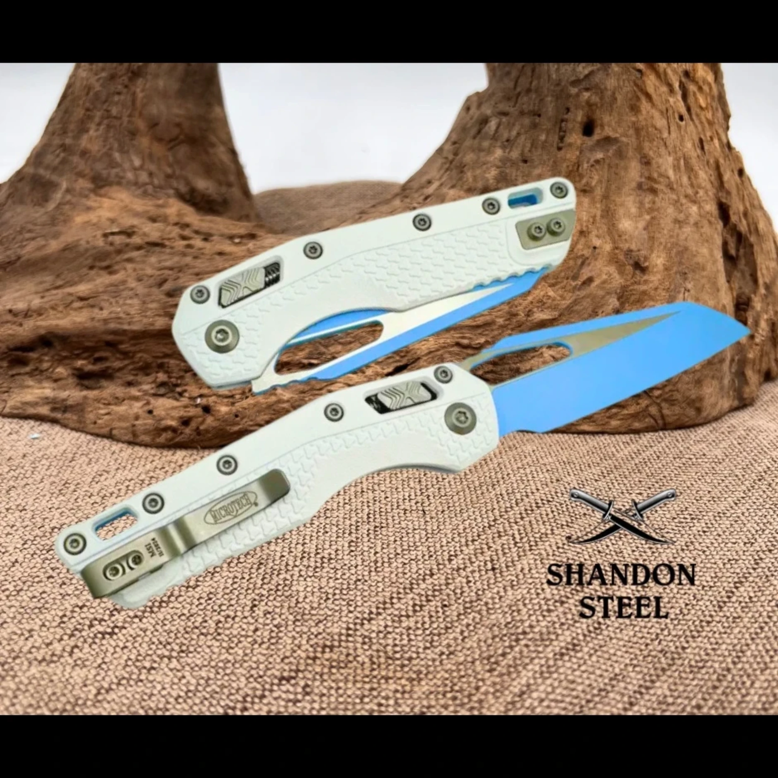 Bladebinge - Microtech Knives MSI RAM LOK White Polymer Handles & Sky Blue M390MK 210T-1PMCWH-Y7