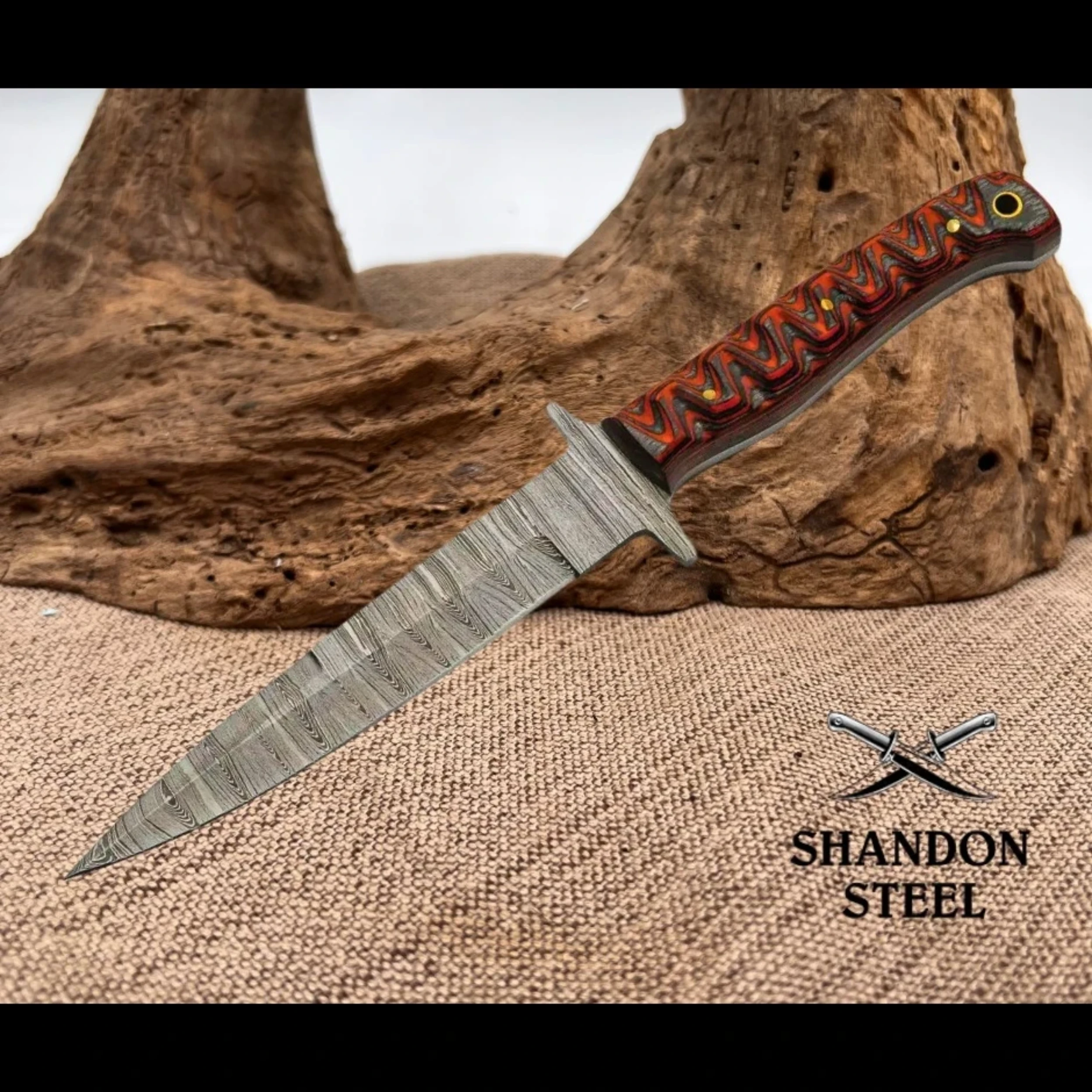 Bladebinge - Damascus Pig Sticker Fixed Knife 6" Damascus Steel Full Blade Red Wood Handle