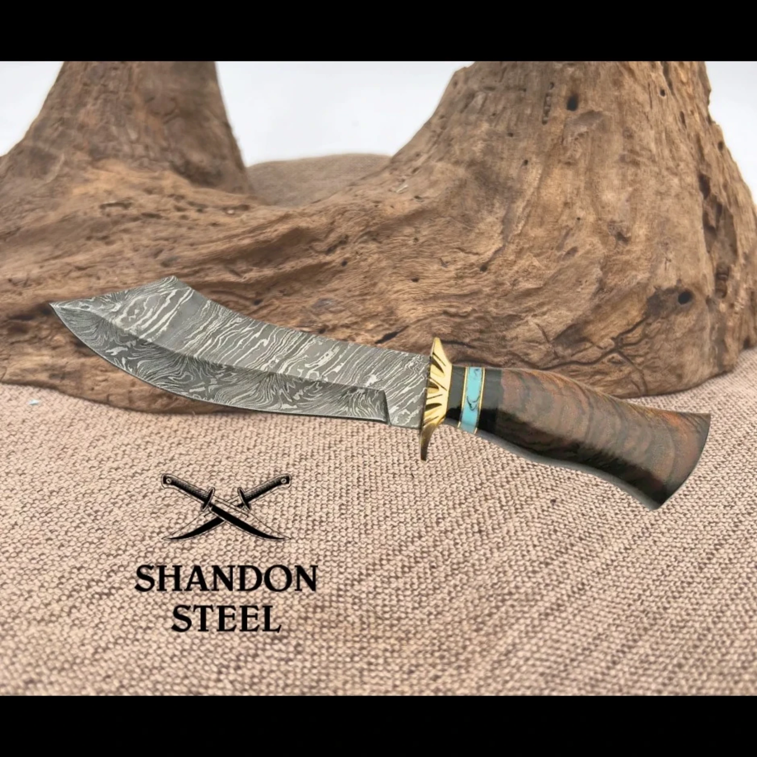 Bladebinge - Damascus Scimitar Walnut/Turquoise Fixed Blade Bowie Knife ...