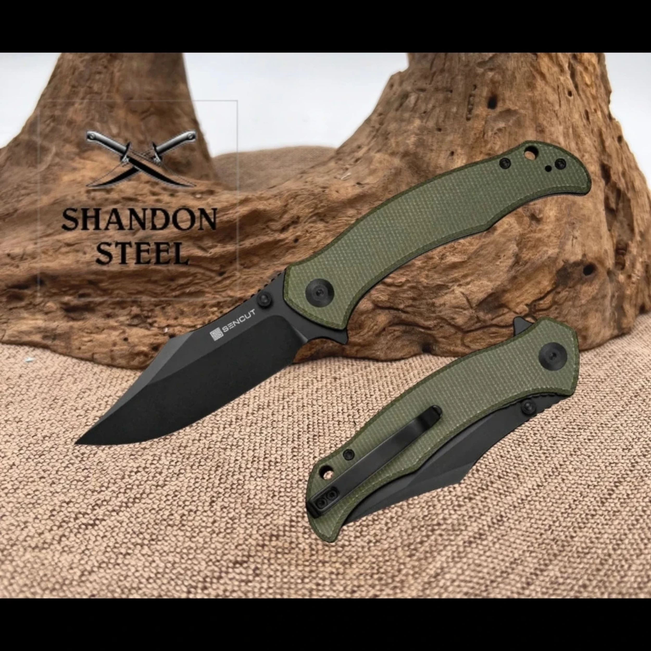 Bladebinge - SENCUT Tauron Flipper & Thumb Stud Knife Olive Canvas ...